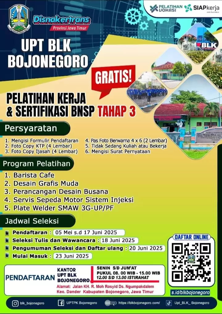 UPT BLK Bojonegoro Buka Program Pelatihan dan Sertifikasi Gratis Tahap 3, Fokus Cetak Tenaga ...